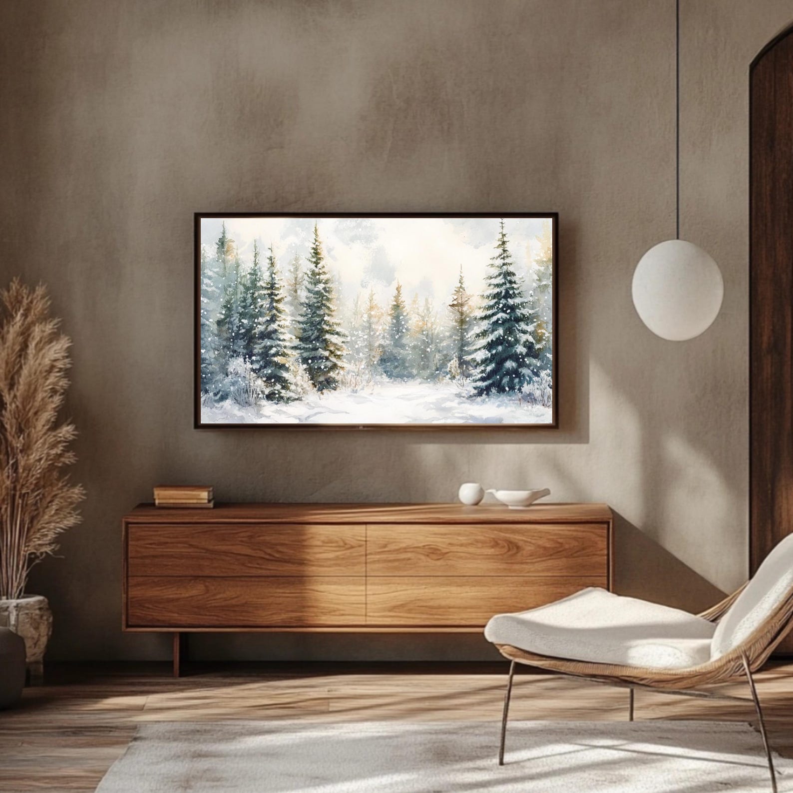 Winter Forest Frame TV Art, Snowy Landscape Painting, Watercolor ...