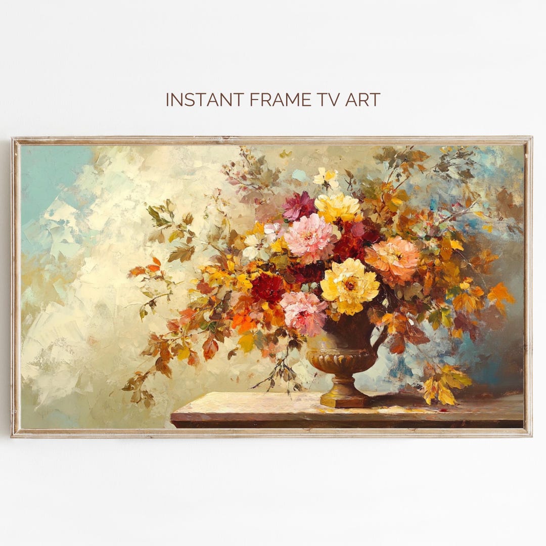 Vintage Flower Painting Frame TV Art, Moody Floral Arrangement Still ...