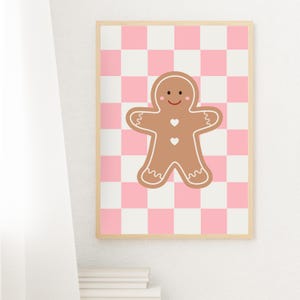Pink Checkered Gingerbread Art Print, Holiday Poster, Cookie Wall Print ...