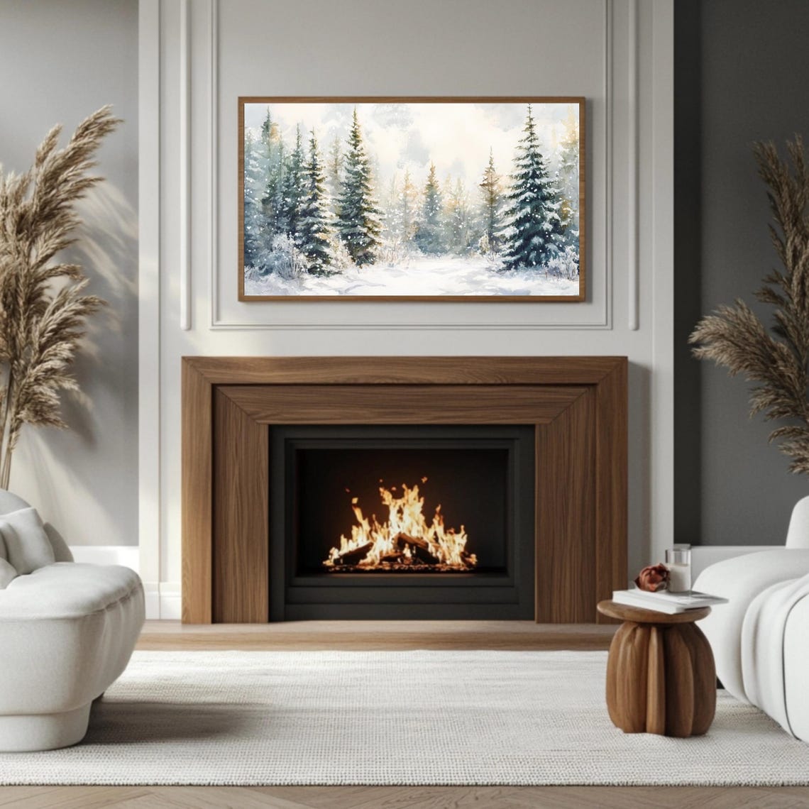 Winter Forest Frame TV Art, Snowy Landscape Painting, Watercolor ...