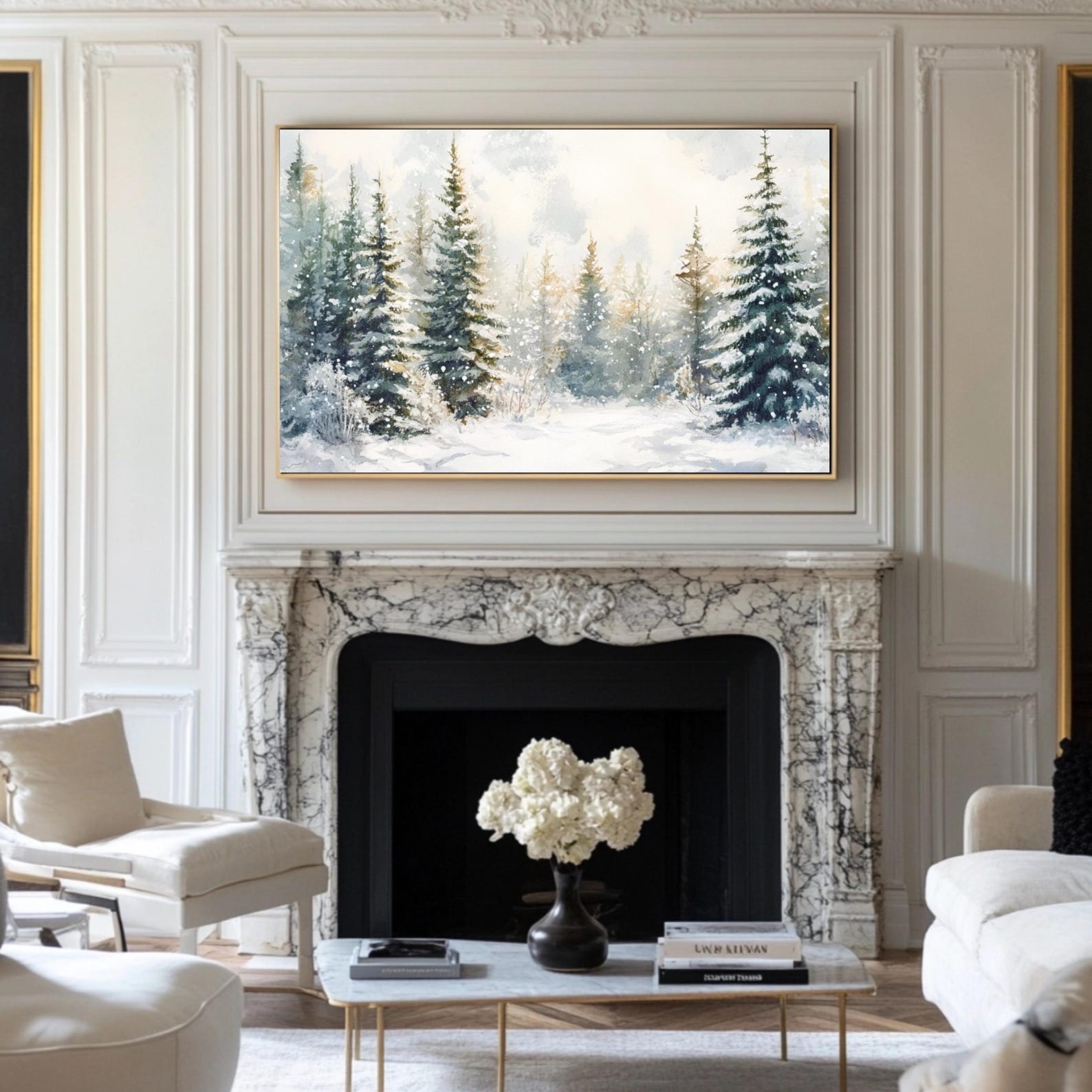 Winter Forest Frame TV Art, Snowy Landscape Painting, Watercolor ...