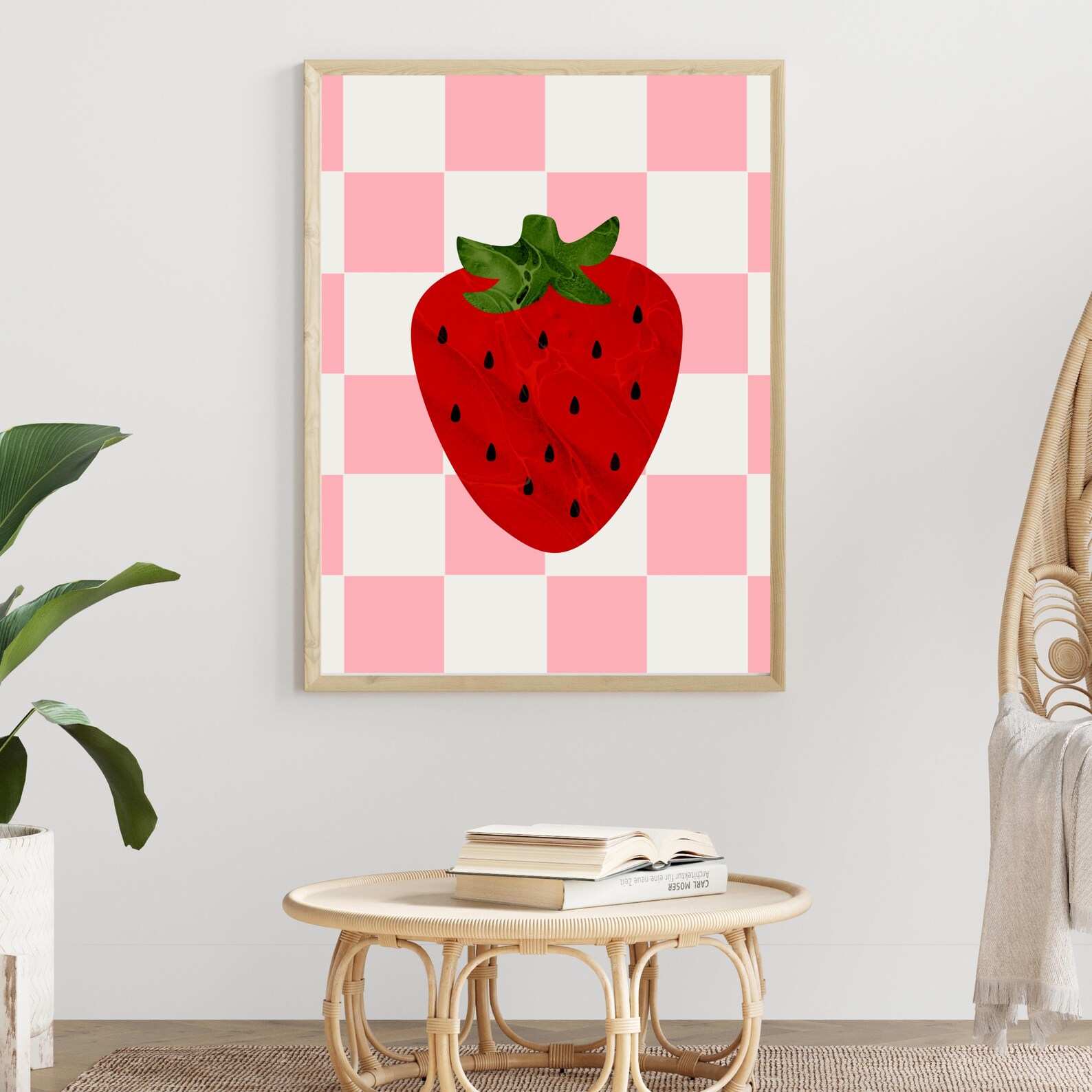 Pink Strawberry Poster, Pink and White Checkered Strawberry Art Print ...