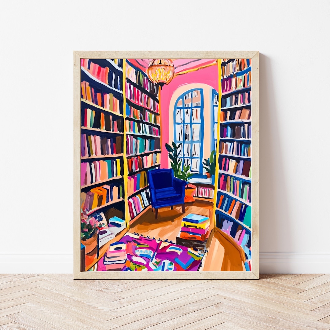 Colorful Library Poster, Maximalist Wall Decor, Vibrant Book Art, Pink ...