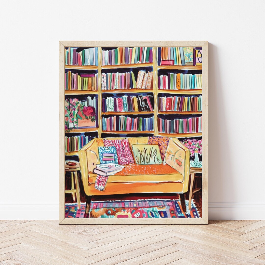 Library Poster, Colorful Book Art, Maximalist Decor, Home Office Wall ...