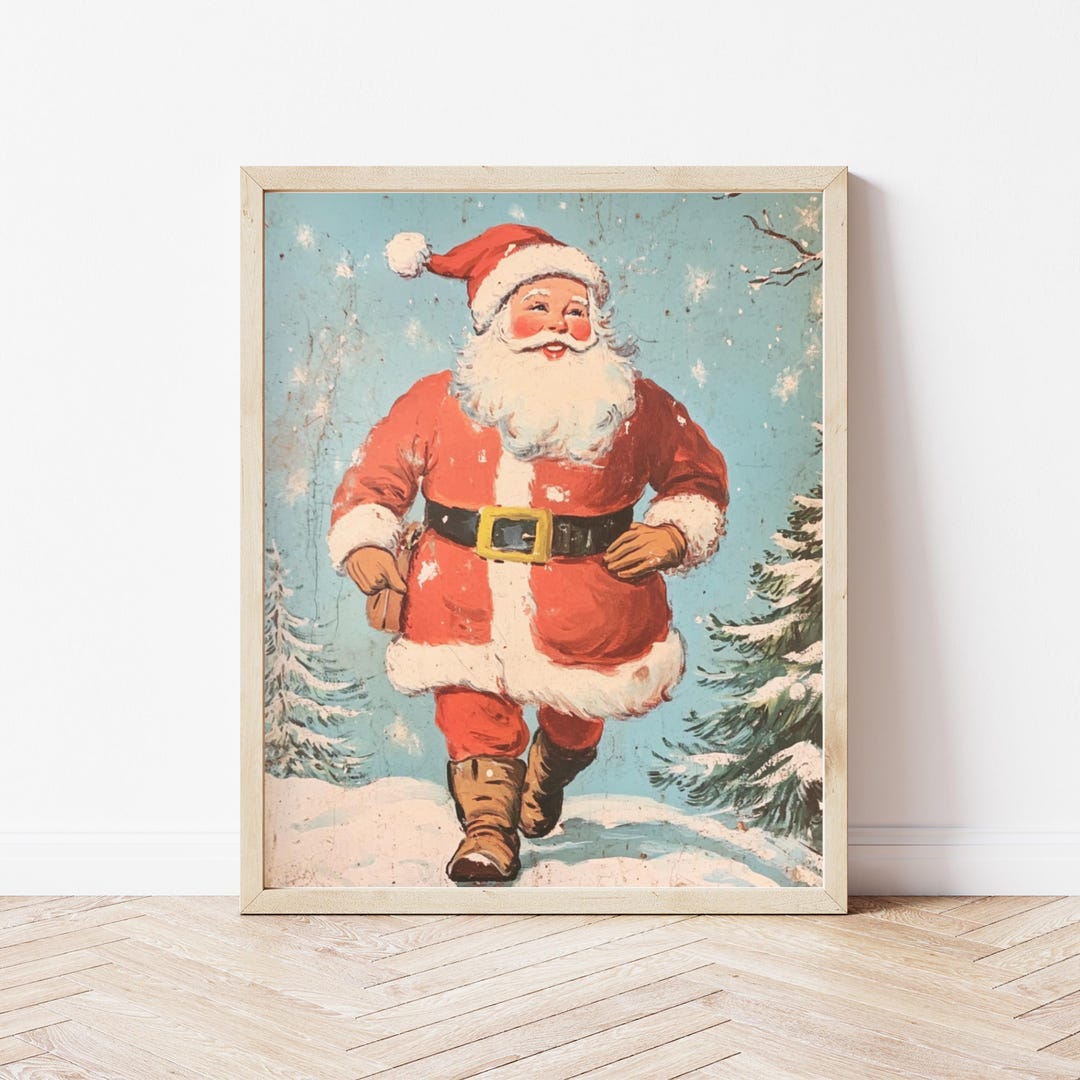 Retro Santa Art Print, Christmas Wall Decor, Santa Claus Painting ...