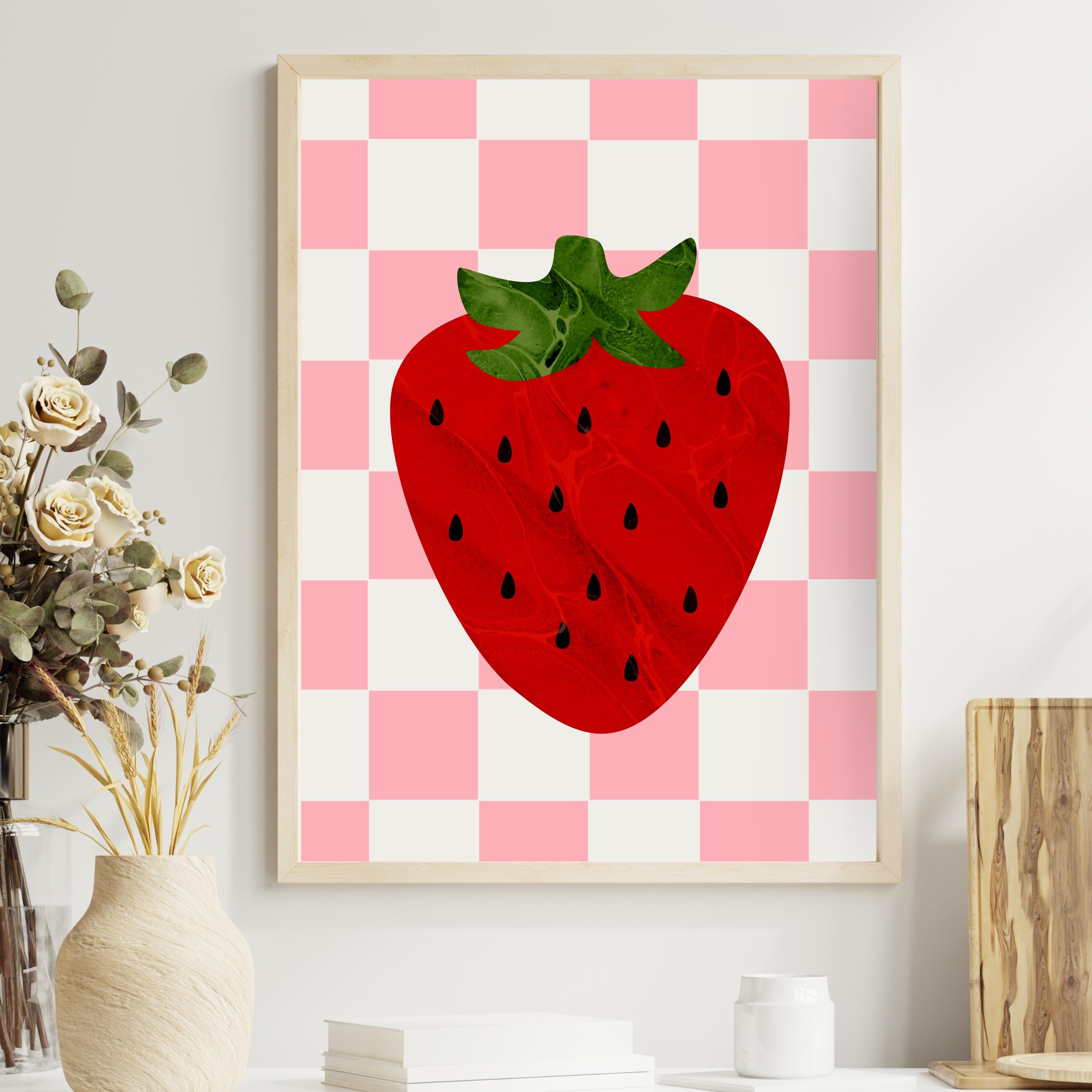 Pink Strawberry Poster, Pink and White Checkered Strawberry Art Print ...