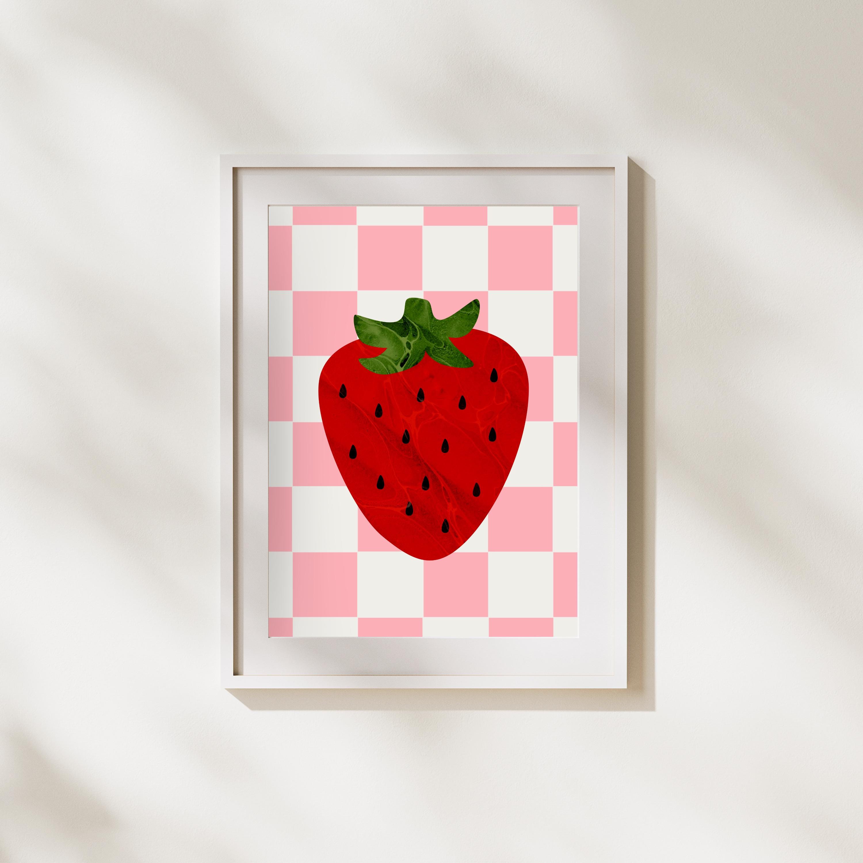 Pink Strawberry Poster, Pink and White Checkered Strawberry Art Print ...