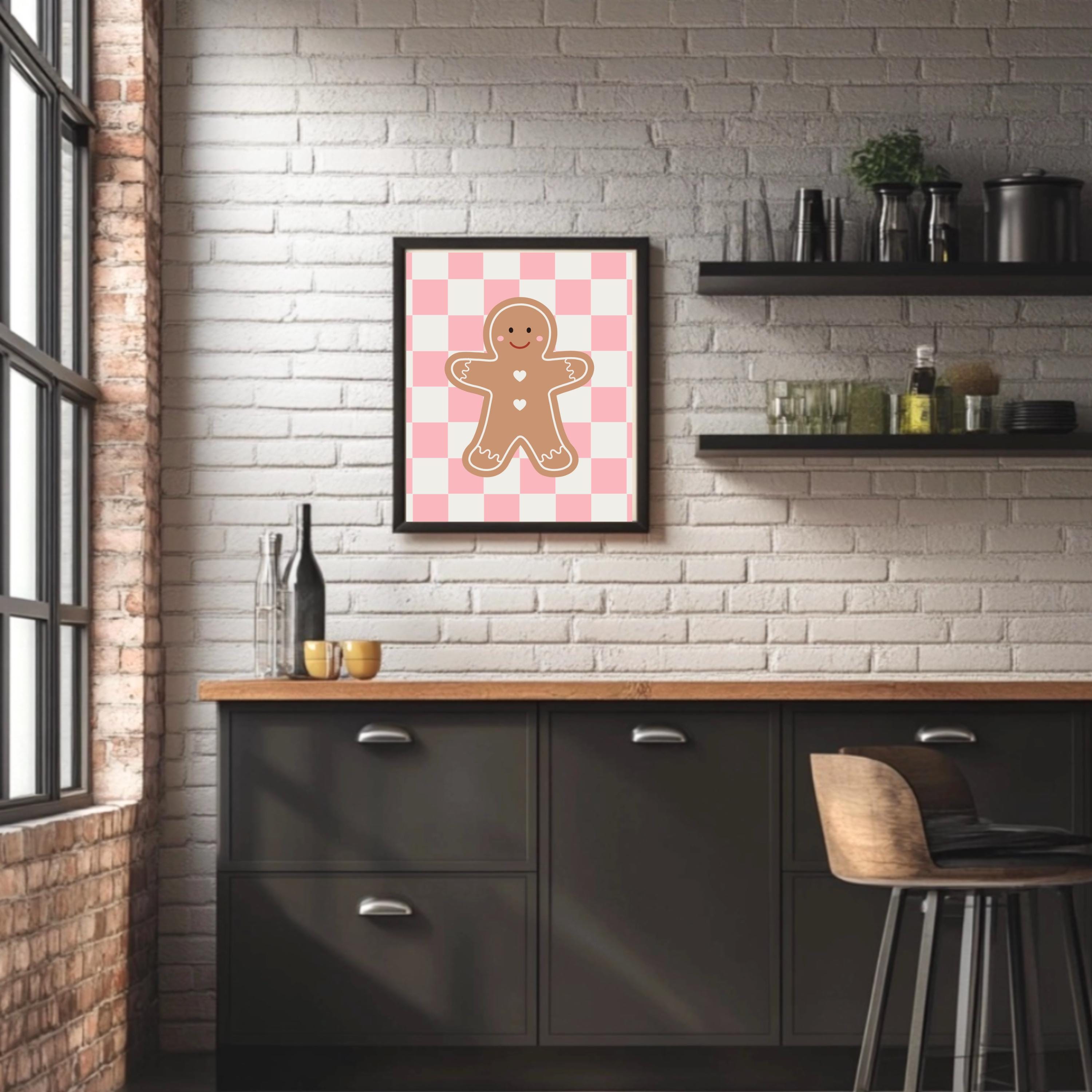 Pink Checkered Gingerbread Girl Print: Pastel Christmas Cookie Wall Art ...