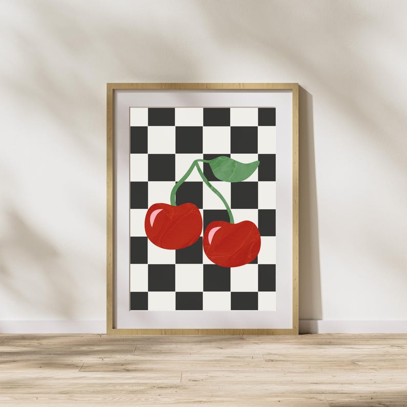 Retro Cherry Art Print: Checkered 50s Kitchen Decor (digital Download ...