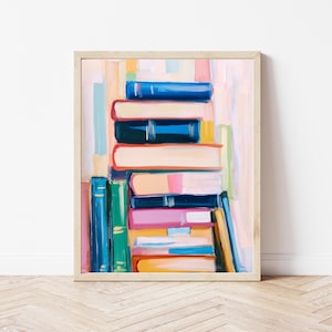 Pastel Books Print: Colorful Book Stack, Library Wall Art (digital ...