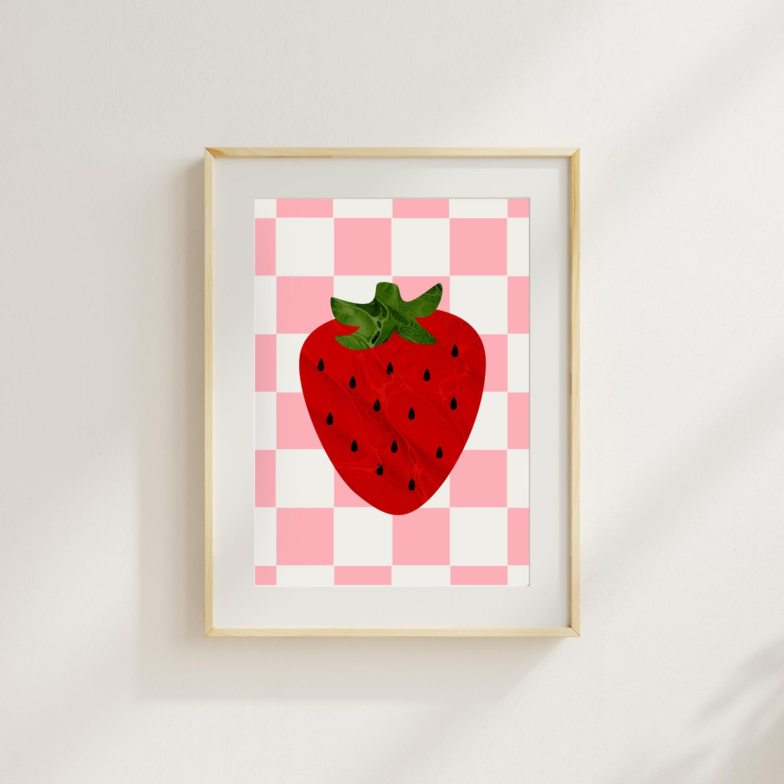 Pink Strawberry Poster, Pink and White Checkered Strawberry Art Print ...
