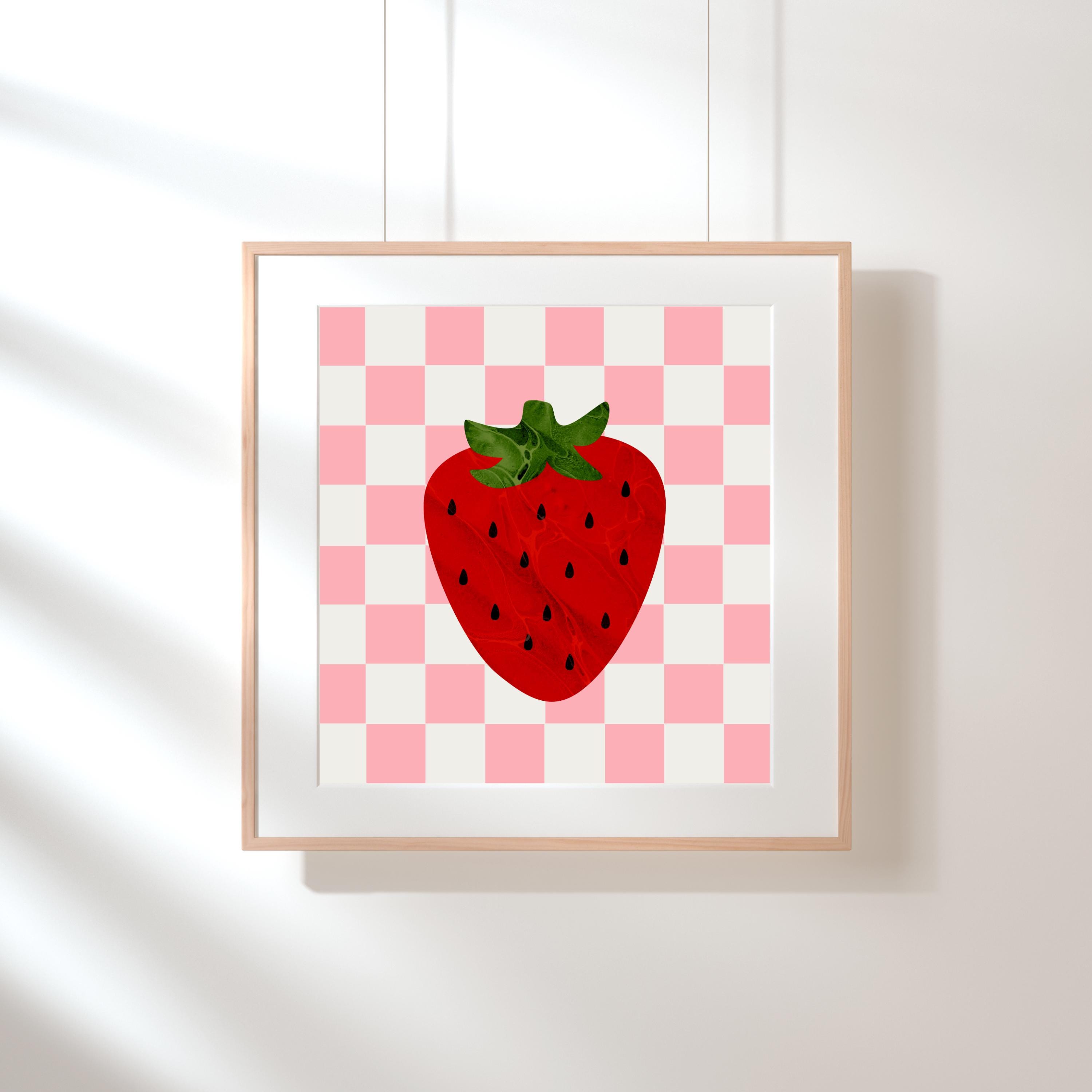 Pink Strawberry Poster, Pink and White Checkered Strawberry Art Print ...
