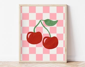 Retro Cherry Art Print: Checkered 50s Kitchen Decor (digital Download ...