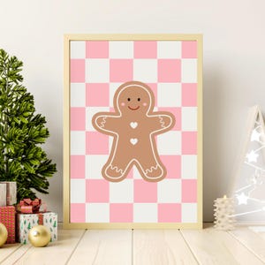 Pink Checkered Gingerbread Art Print, Holiday Poster, Cookie Wall Print ...