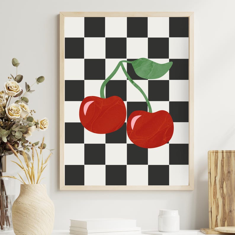 Retro Cherry Art Print: Checkered 50s Kitchen Decor (digital Download ...