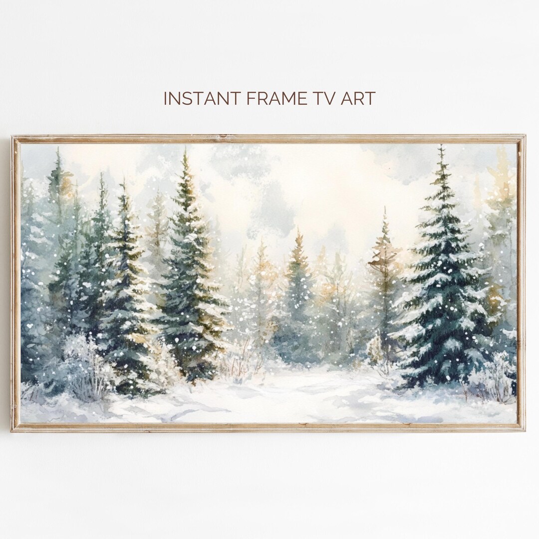 Winter Forest Frame TV Art, Snowy Landscape Painting, Watercolor ...