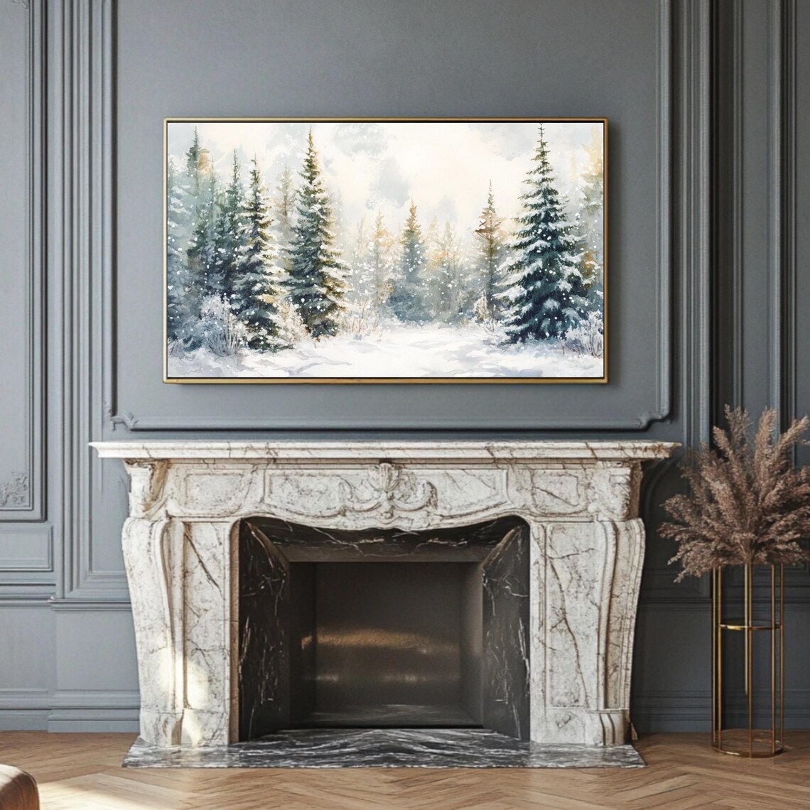 Winter Forest Frame TV Art, Snowy Landscape Painting, Watercolor ...