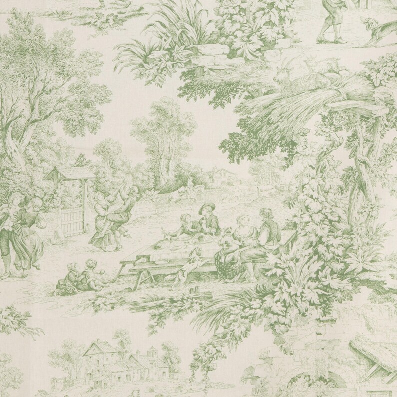 Toile De Jouy Fabric - Green - Upholstery - Elegant Interior - French ...