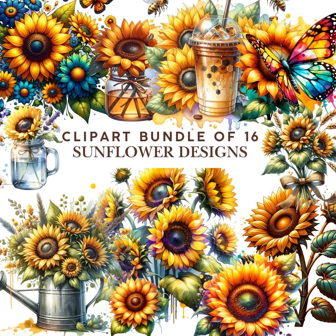 Set of 16 | Sunflowers Clipart Bundle | Watercolor Sunflower PNG ...
