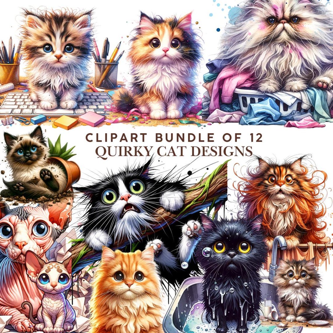 Quirk and Cute Cat Clipart Bundle of 12 | Cutesy Cats | Cat Stickers ...