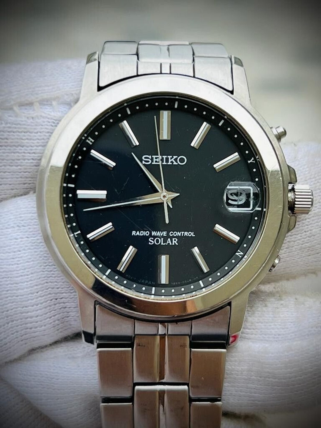 Vintage Seiko Solar Radio Wave Controlled Black Dial 37mm Mens Watch ...