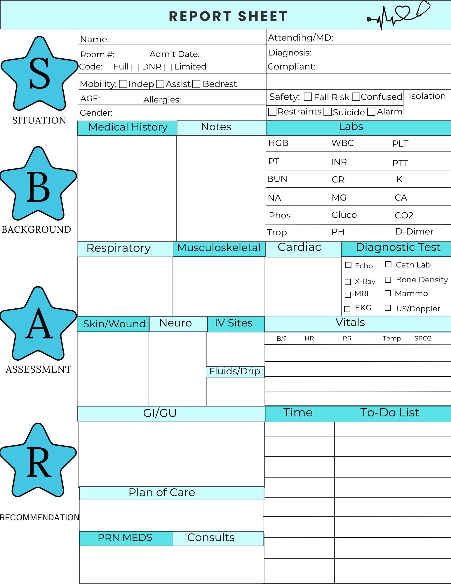 SBAR Nurse Report Sheet: Nursing Handoff Form (instant PDF Download) - Etsy