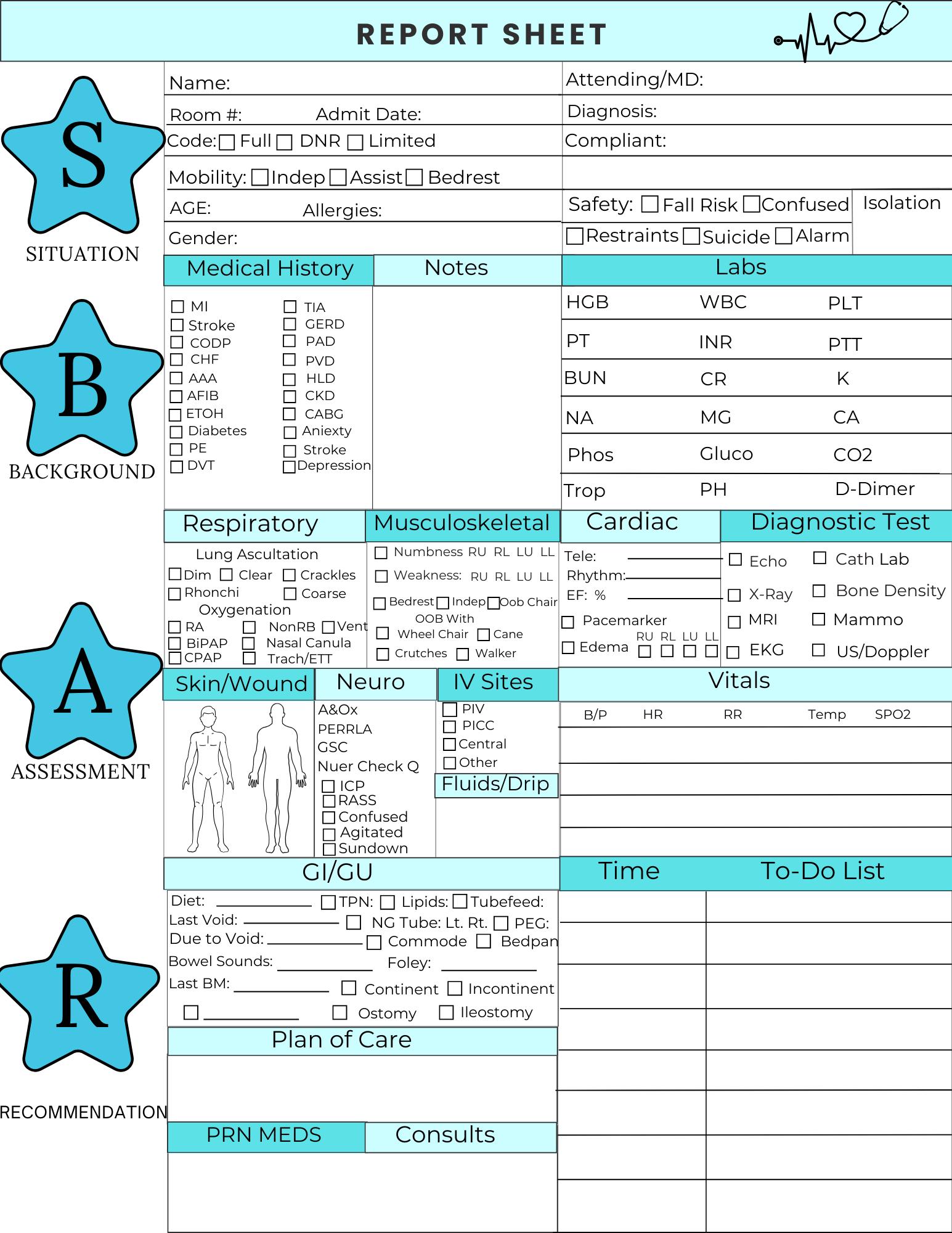 SBAR Nurse Report Sheet: Nursing Handoff Form (instant PDF Download) - Etsy