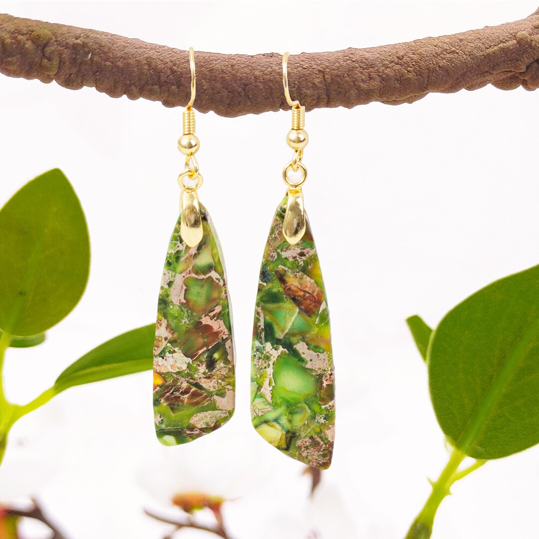 Green Stone Earrings Triangular Imperial Jasper Earrings Natural Stone ...