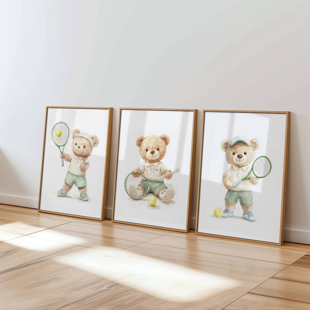 Tennis Bear Nursery Wall Art Set of 3 Prints, Watercolor Sports Teddy ...