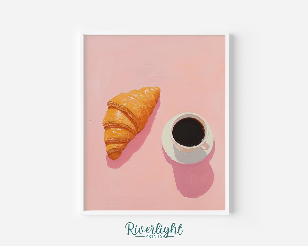 Printable Modern Cafe Scene - Golden Croissant and Black Coffee Art ...