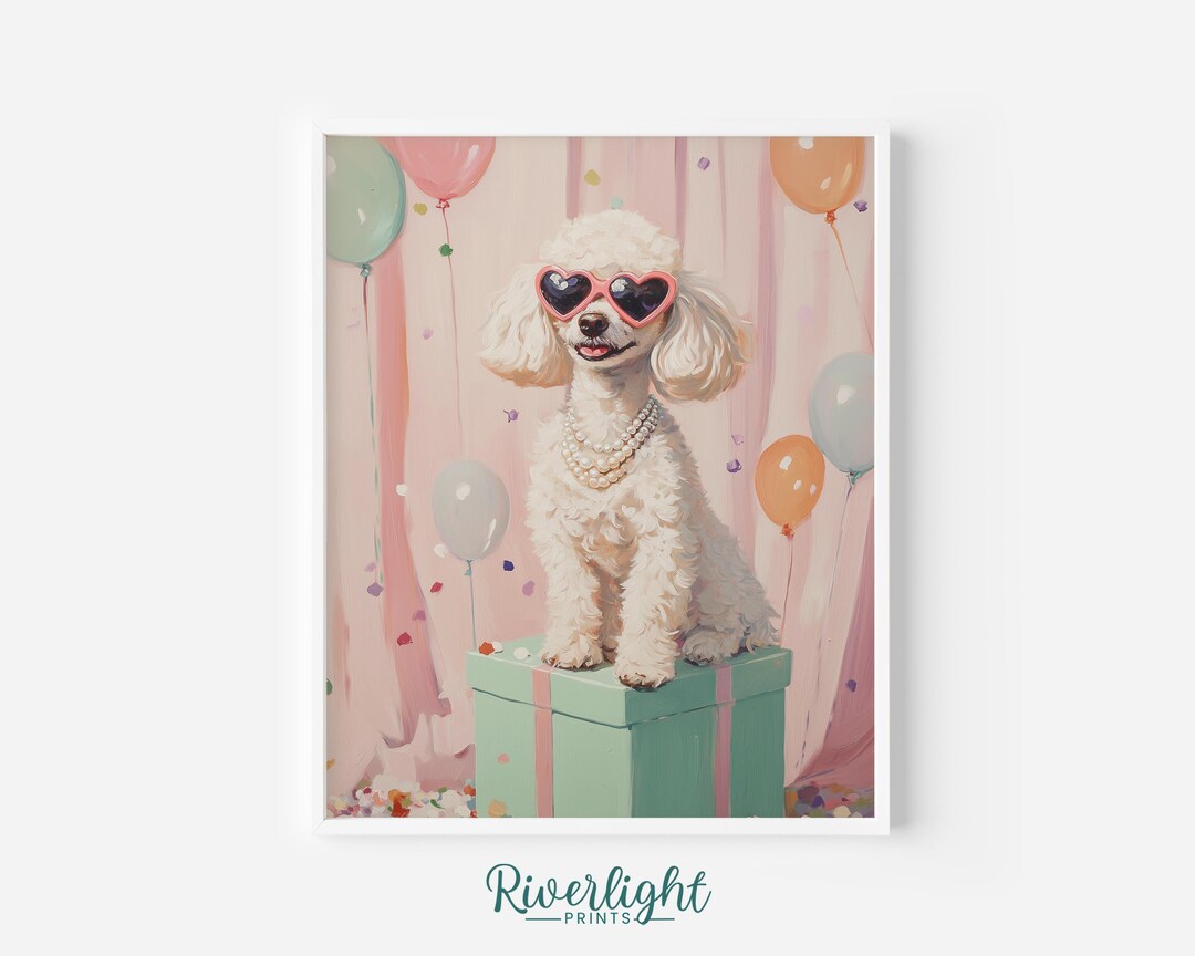 Printable Glamorous Poodle Portrait - Cute White Poodle in Pastel Party ...