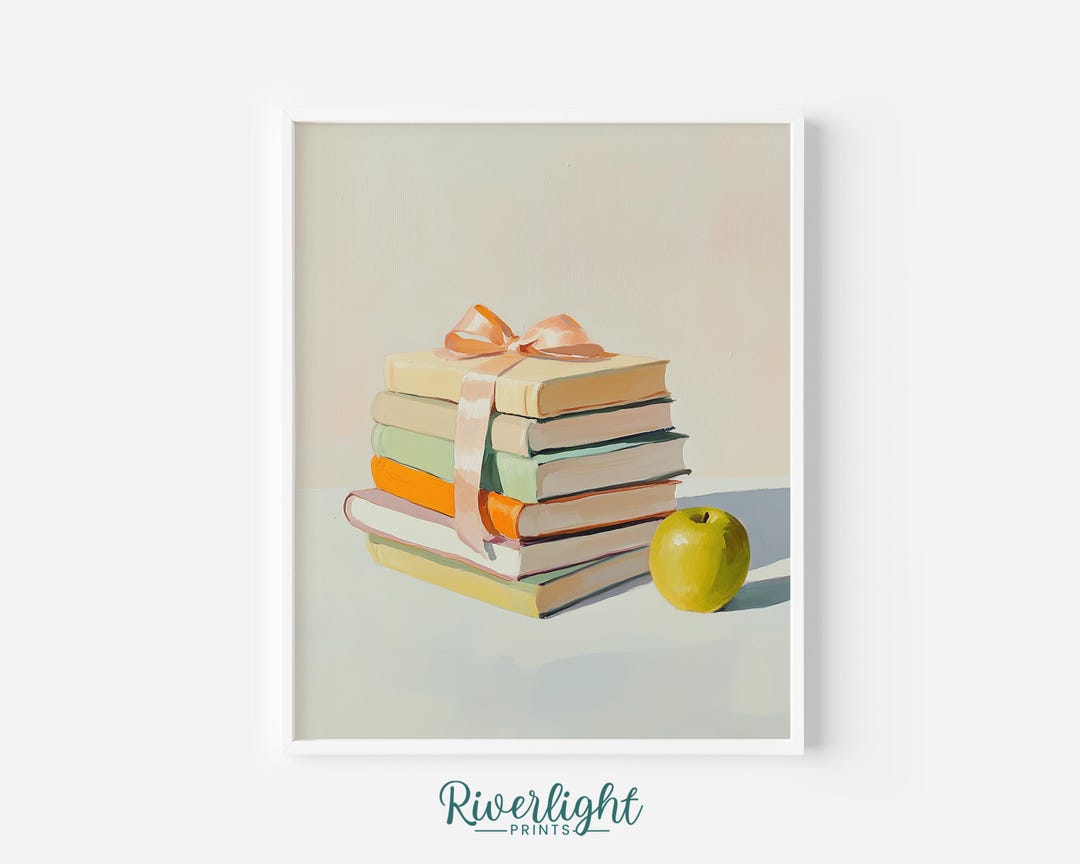 Cozy Vintage Book Stack Art Print – Pastel Ribbon Still Life (digital ...