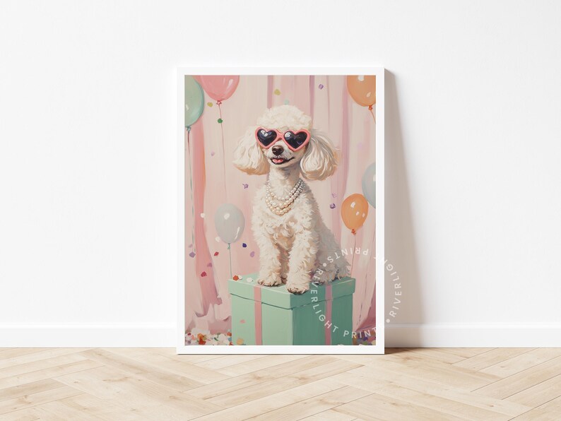 Printable Glamorous Poodle Portrait - Cute White Poodle in Pastel Party ...