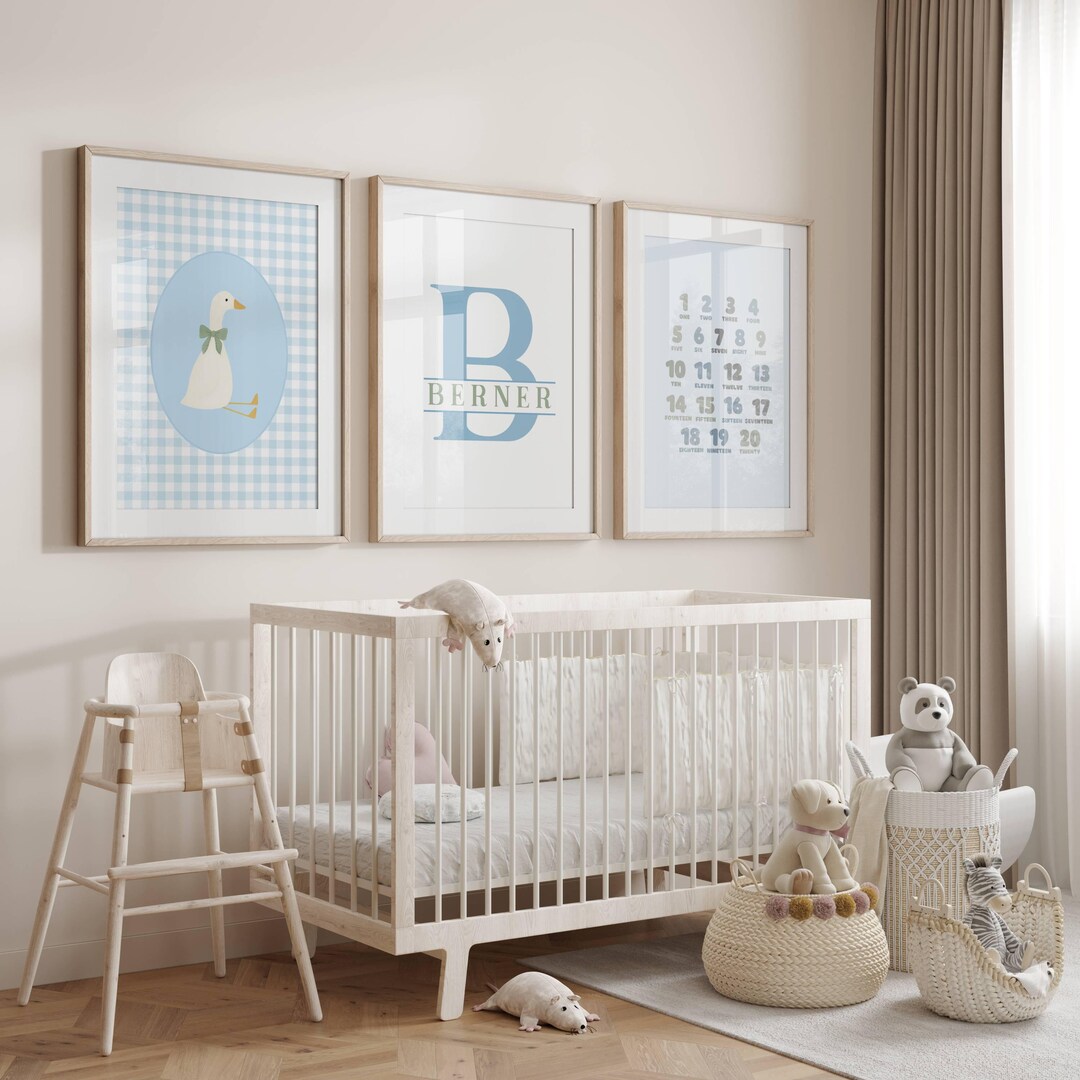 Nursery Wall Art Set of 3, Silly Goose Blue Gingham, Personalized ...