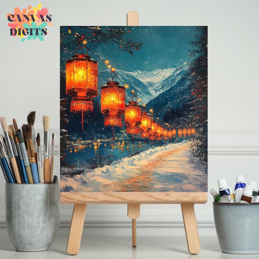 Winter Scene With Lanterns Paint Kit, Festive Canvas Painting by ...