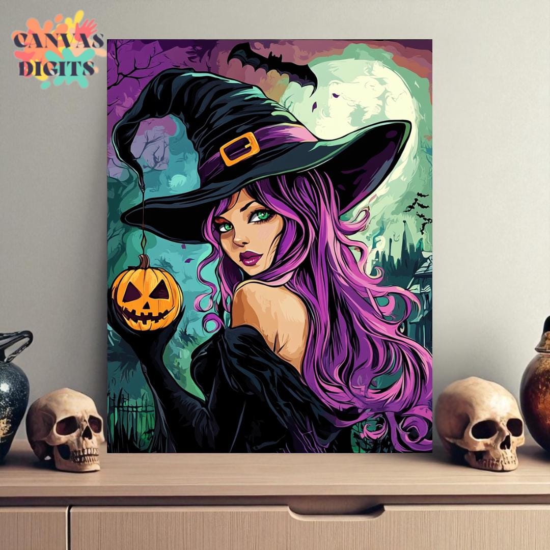 Beautiful Witch Diy Painting by Numbers Kit, Witch Holding Pumpkin ...