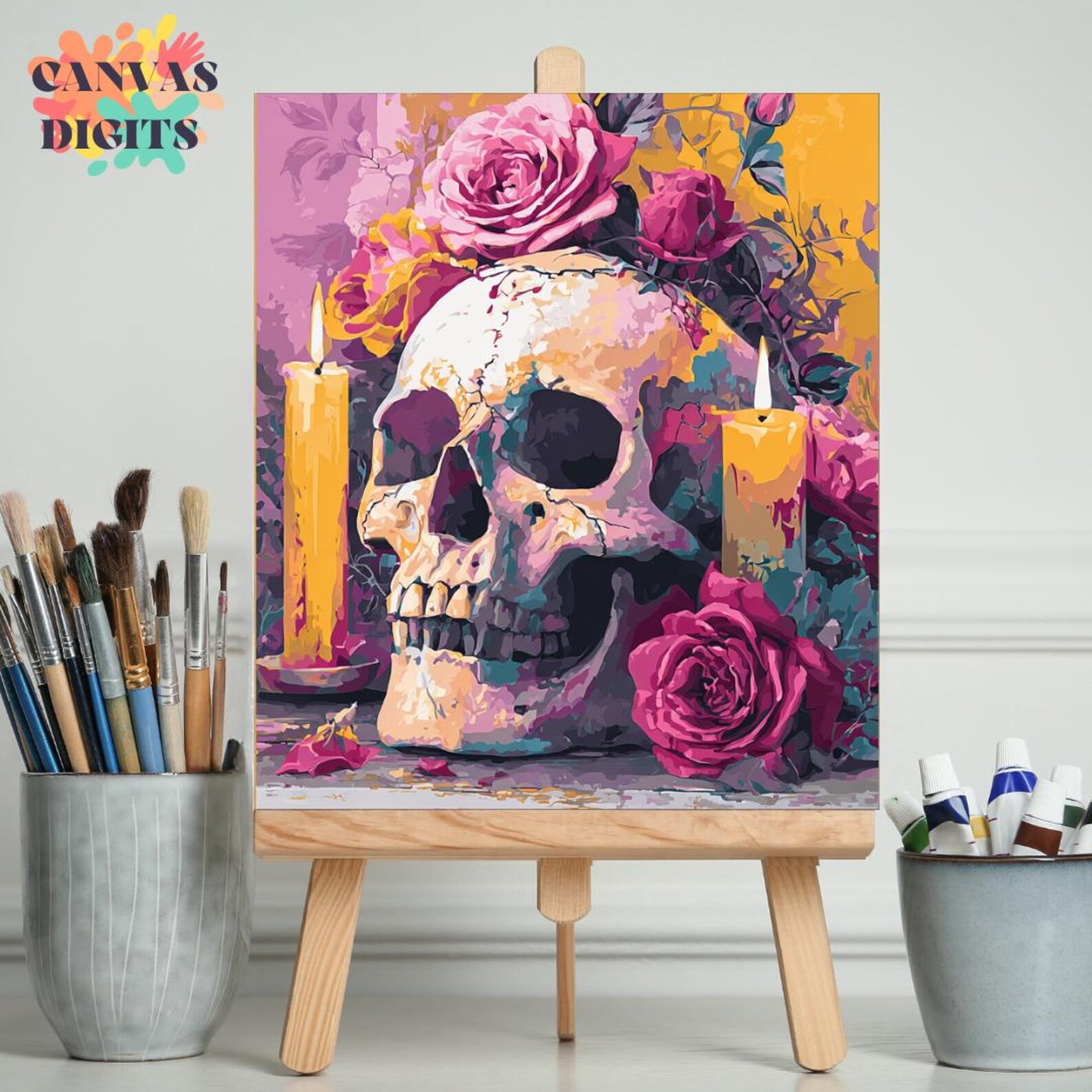 Halloween Paint by Numbers Skull With Roses and Candles, Diy Halloween ...