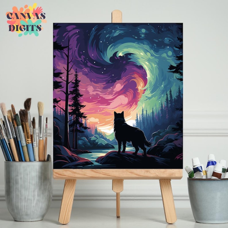 Aurora Borealis Wolf Paint by Numbers Kit for Adults, Wolf and Northern ...