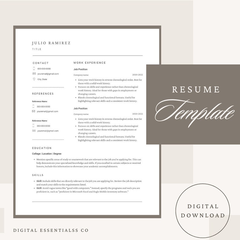 Resume Template, Customizable Template, Job Description, Professional ...
