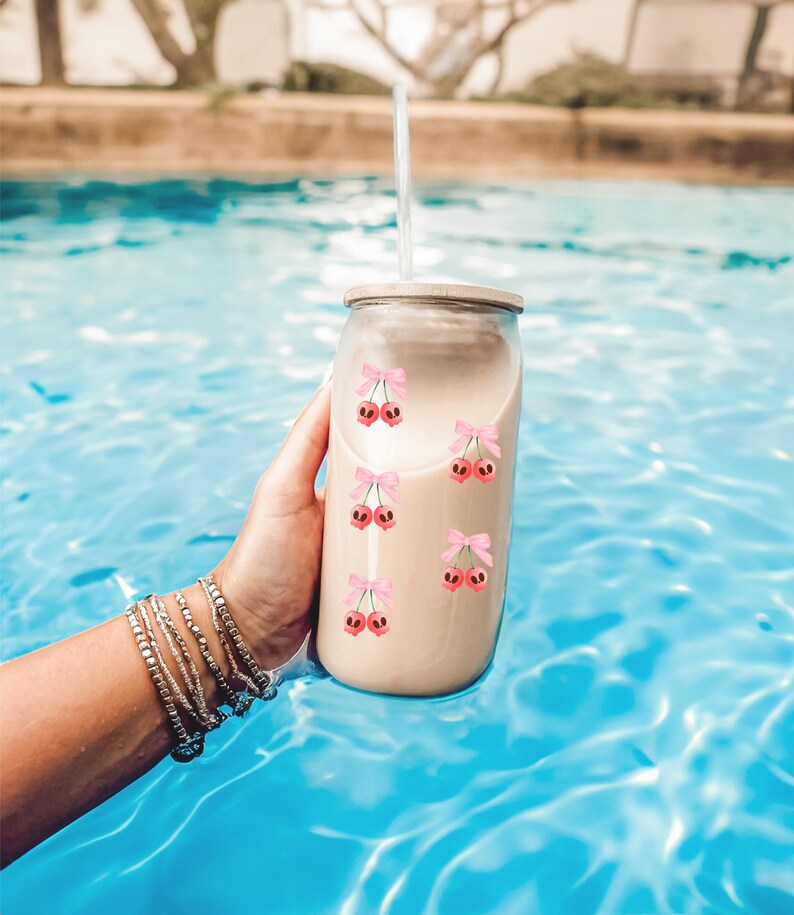 Bow Skull Cherries Glass Can Coquette Halloween Sipper Glass Cute ...