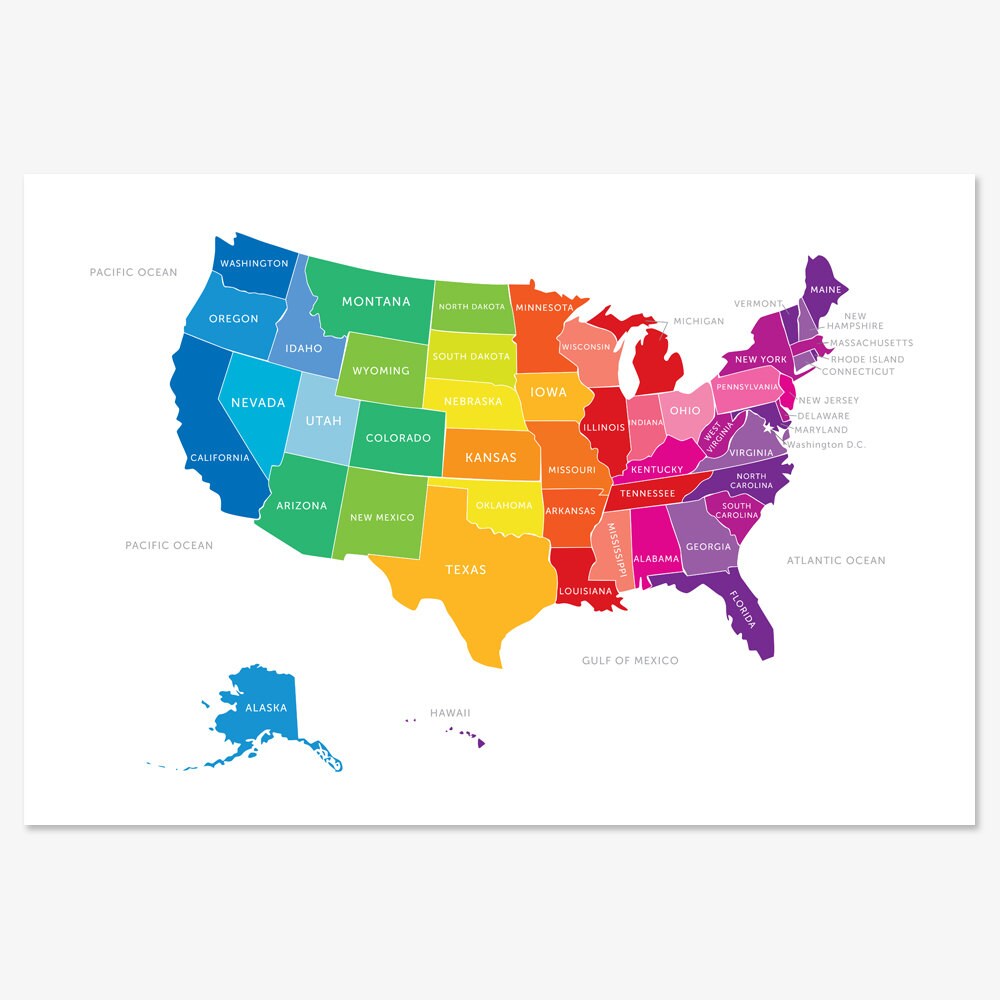 Map of the United States USA Map in Bright Colors | Etsy