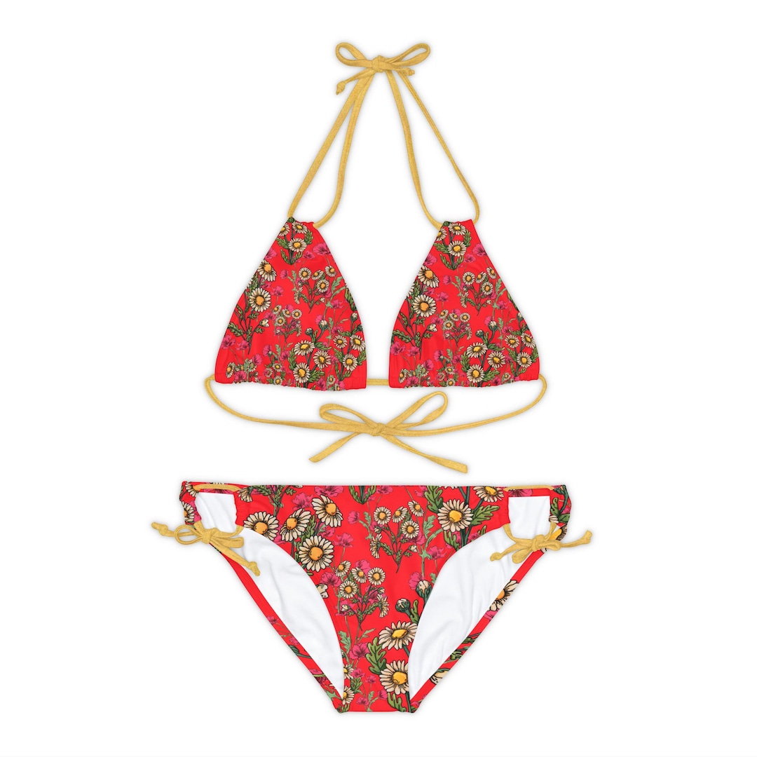Vintage Flower Red Print Swimwear Strappy Bikini Set AOP - Etsy