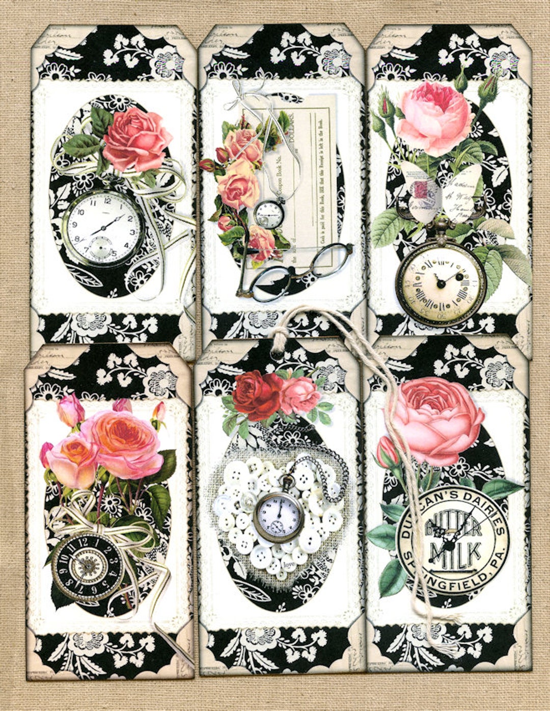 Vintage Style Time Pieces Clocks Pink Rose Gift or Scrapbook Tags T 51 ...