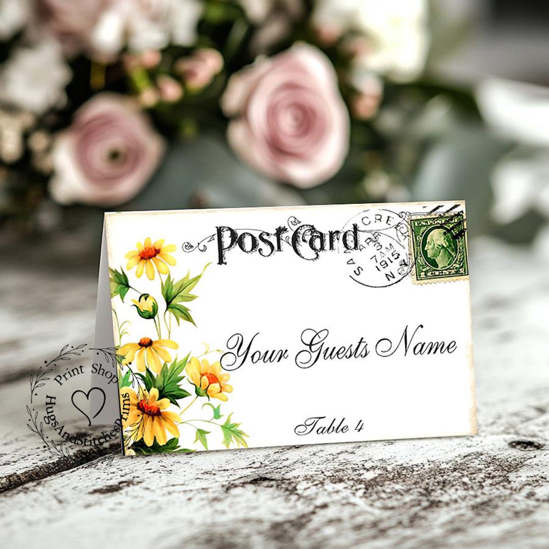 Wedding Place Cards Vintage Style Yellow Daisy Flower Postcard Tent ...