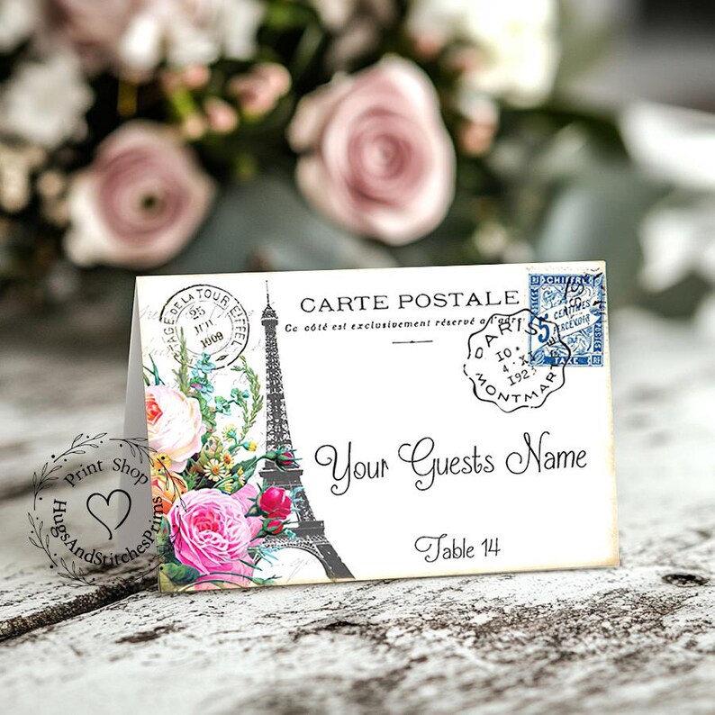 Wedding Place Cards Vintage French Eiffel Tower Postcard Tent Style ...