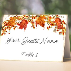 Wedding Place Cards Fall Autumn Leaves & Berries Tent Style Place Cards ...