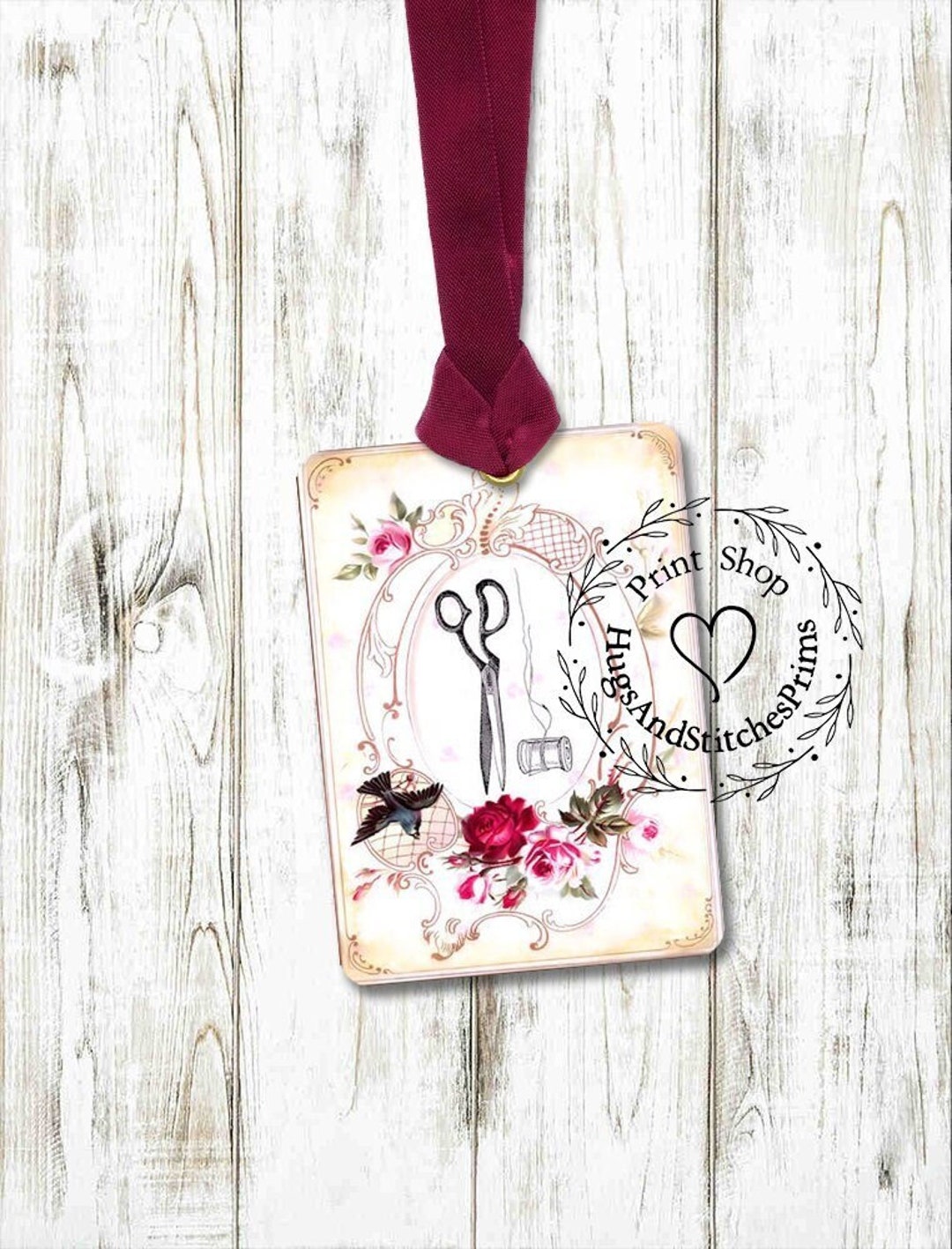 Scissors Needle Thread Sewing Red Rose Gift or Scrapbook Tags or Magnet ...