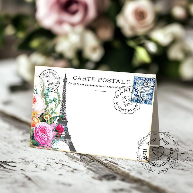 Wedding Place Cards Vintage French Eiffel Tower Postcard Tent Style ...