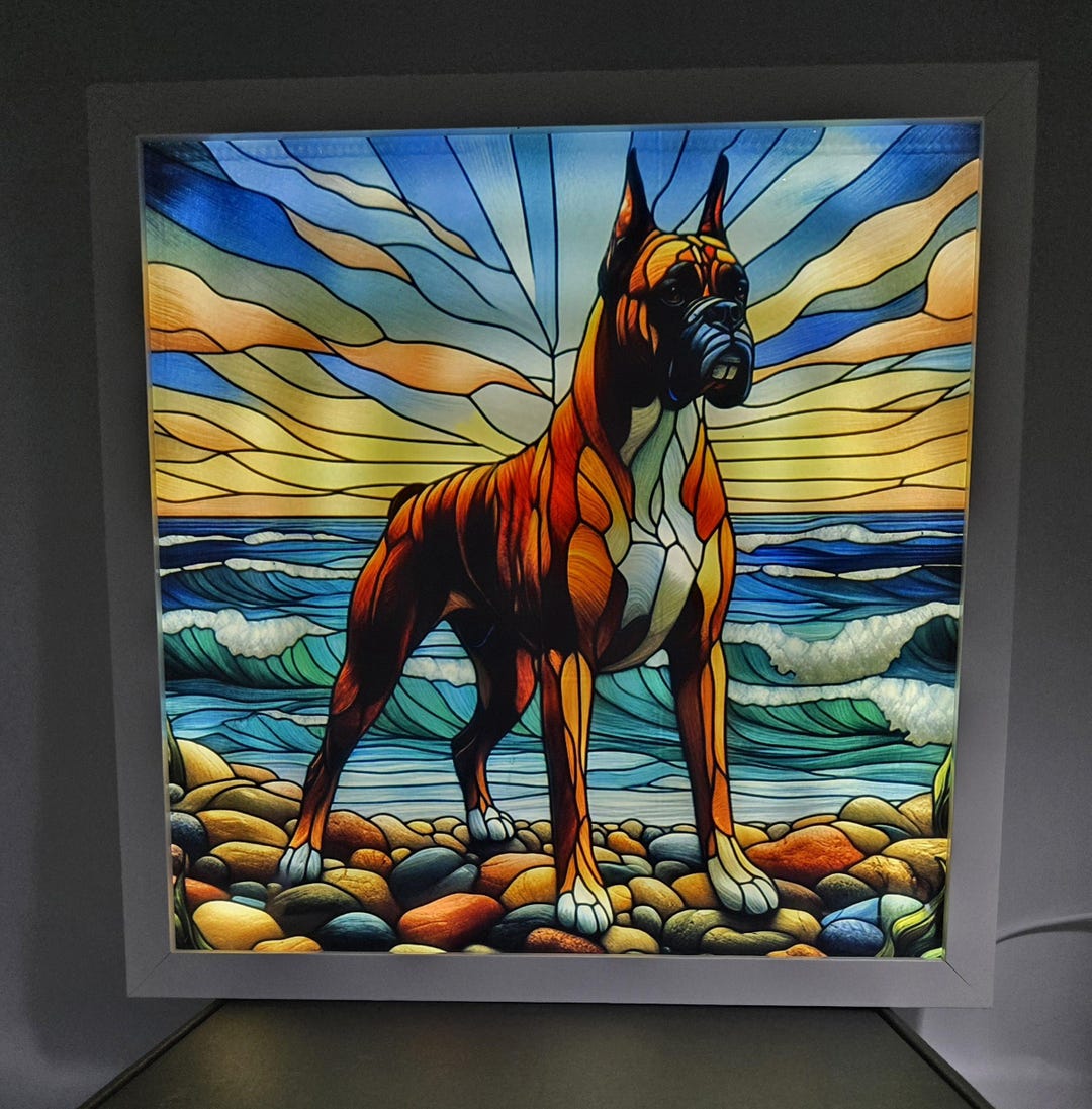 BOXER at Beach Lighted Shadow Box, Faux Stained Glass Nightlight ...