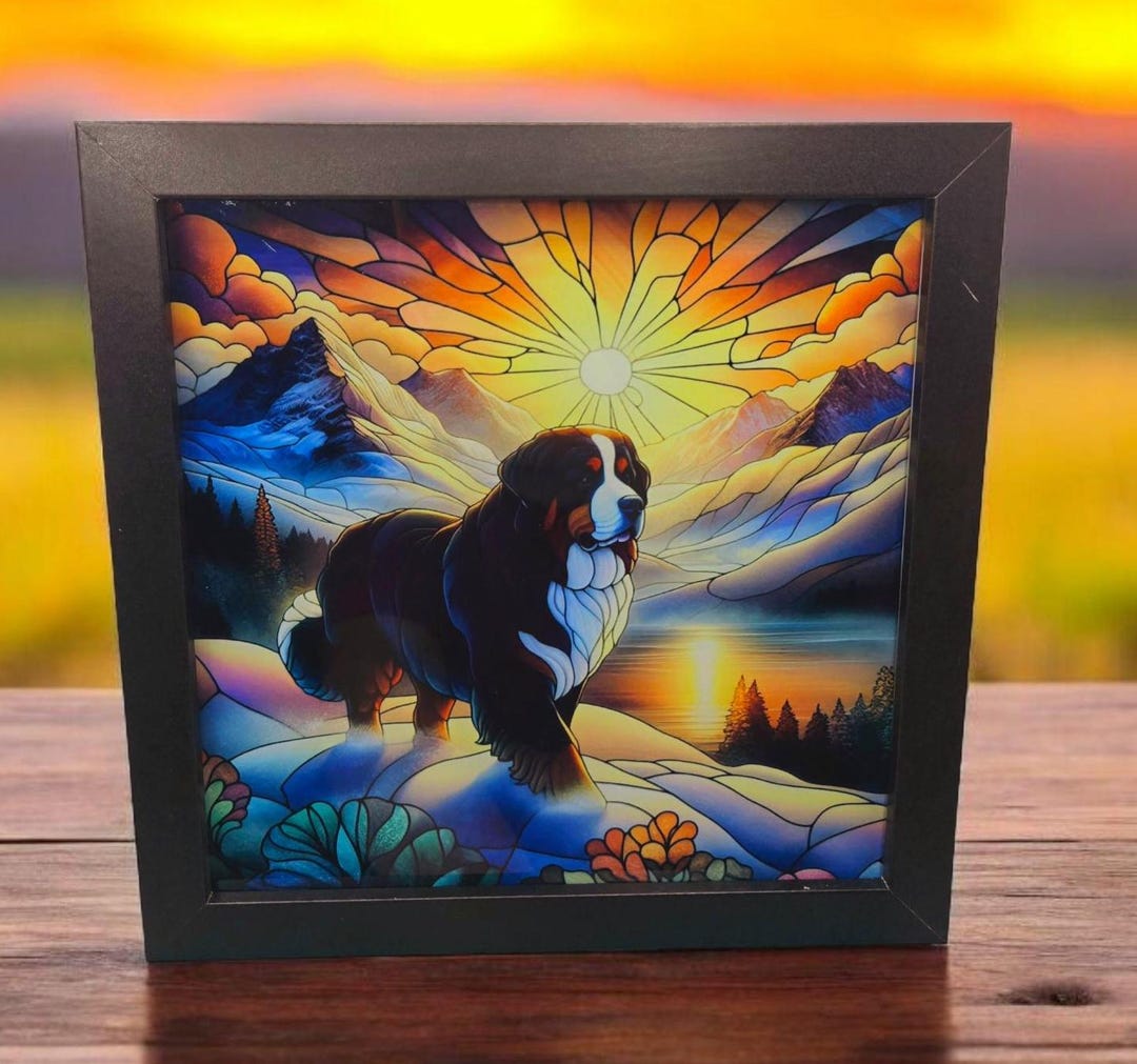 Bernese Mountain Dog Lighted Shadow Box: Faux Stained Glass Night Light ...